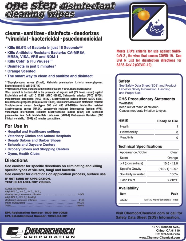 One Step Disinfectant Wipes EPA Registered 1 Tub 160 Wipes Orange Scent ...